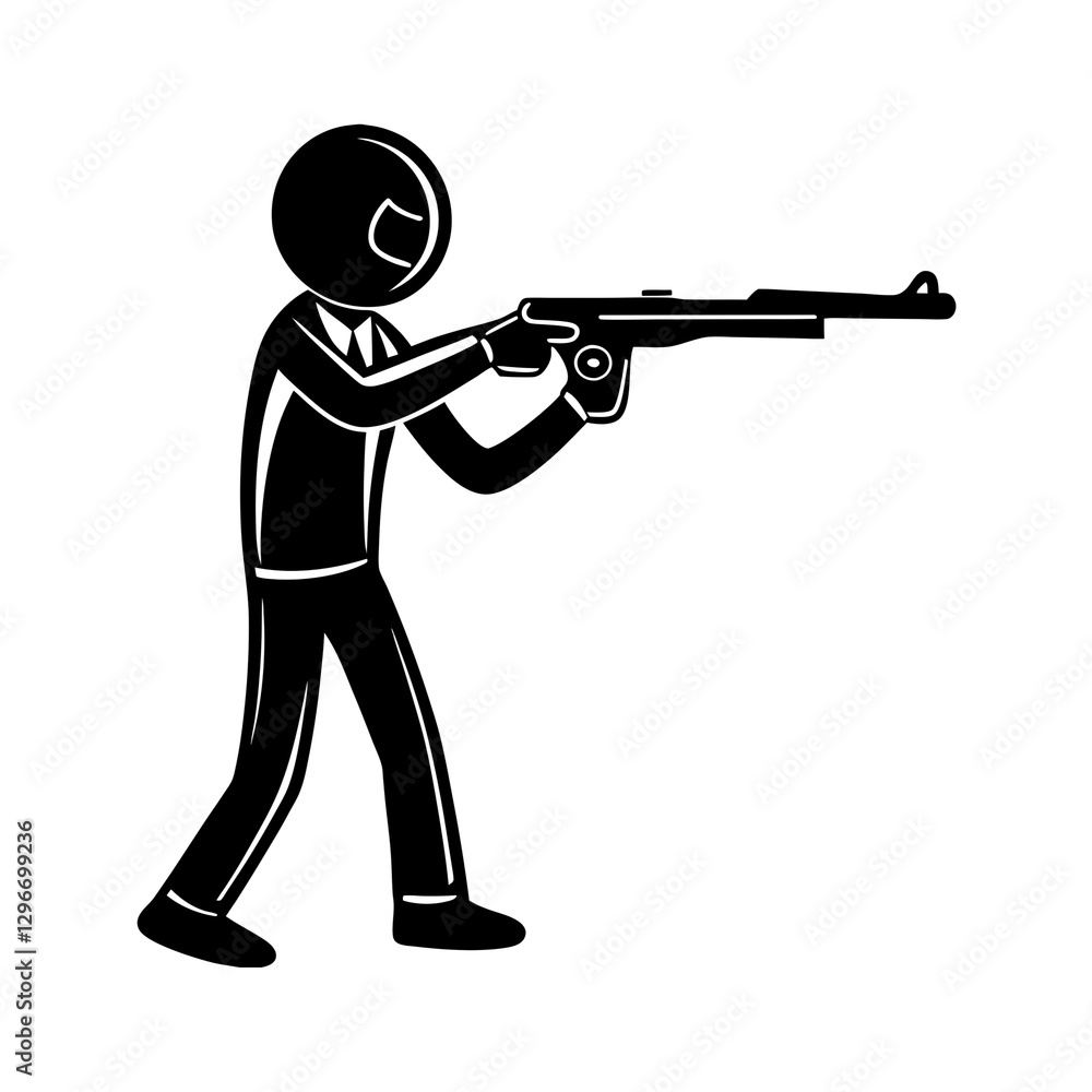 A simple black and white drawing of a stick figure aiming a gun on a ...