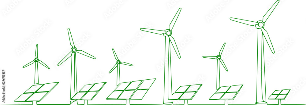 Single continuous line drawing of Renewable energy windmills and solar ...