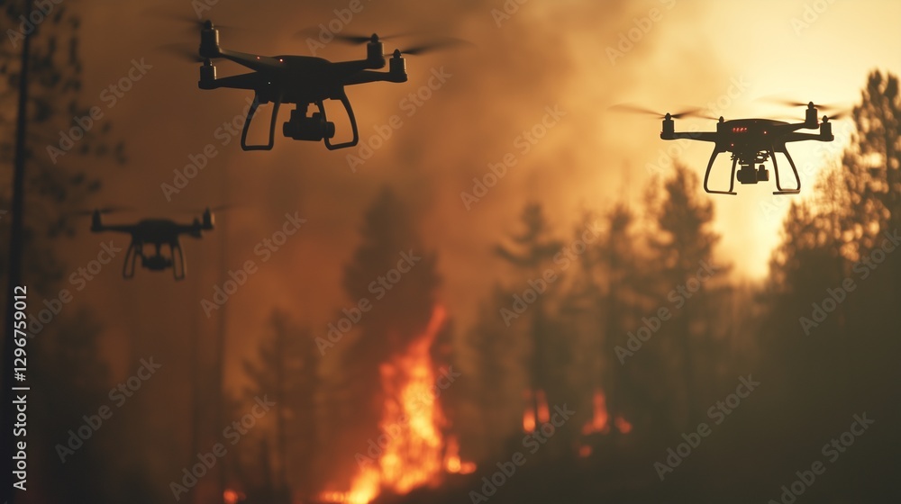 A swarm of AI-powered drones flying over a wildfire, working together to map fire spread in real ...