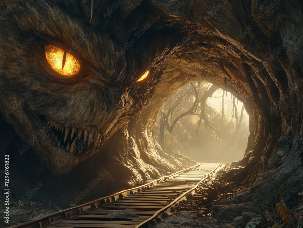 Monster cave entrance with glowing eyes and railroad tracks leading to ...