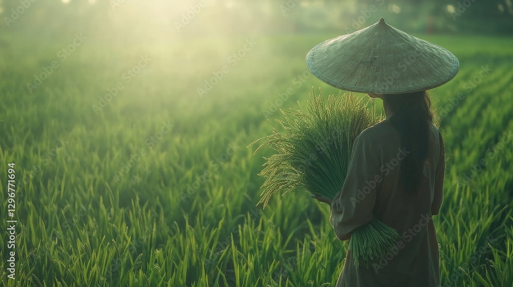 Thai rice farmer walking through lush green paddy fields, wearing ...