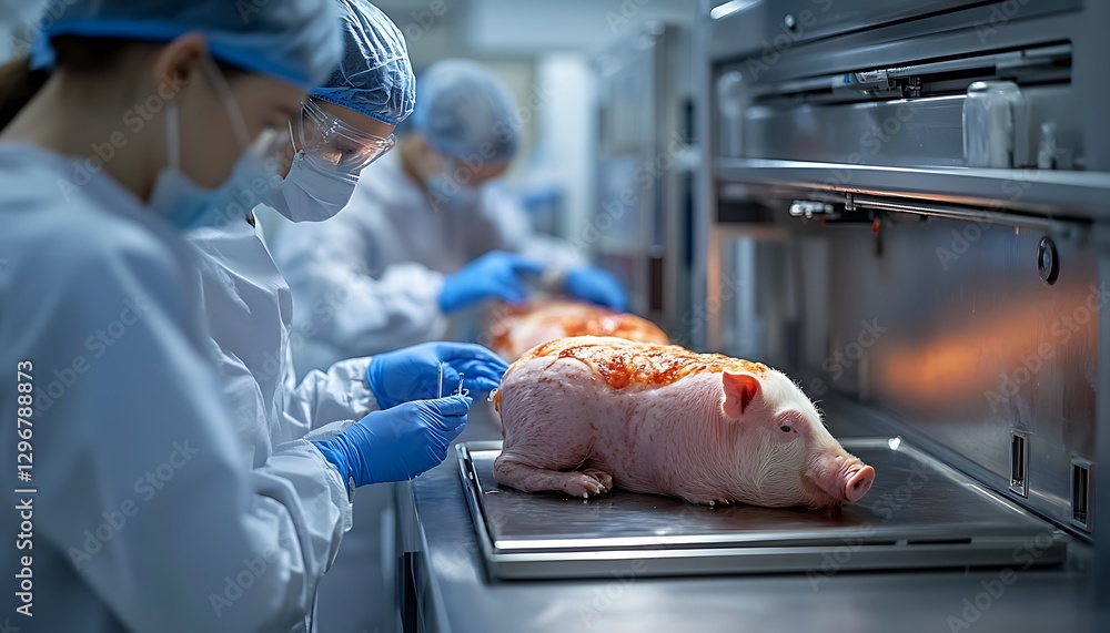 Scientists inoculating pigs in lab Stock Photo | Adobe Stock