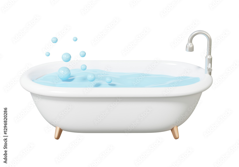 Modern design white bathtub with water and soap bubbles on isolated ...