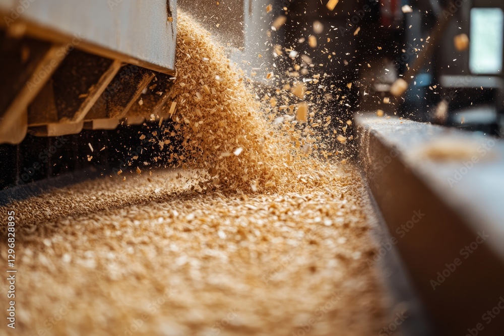 Sawdust from industrial woodcutting machine falling onto grain for ...