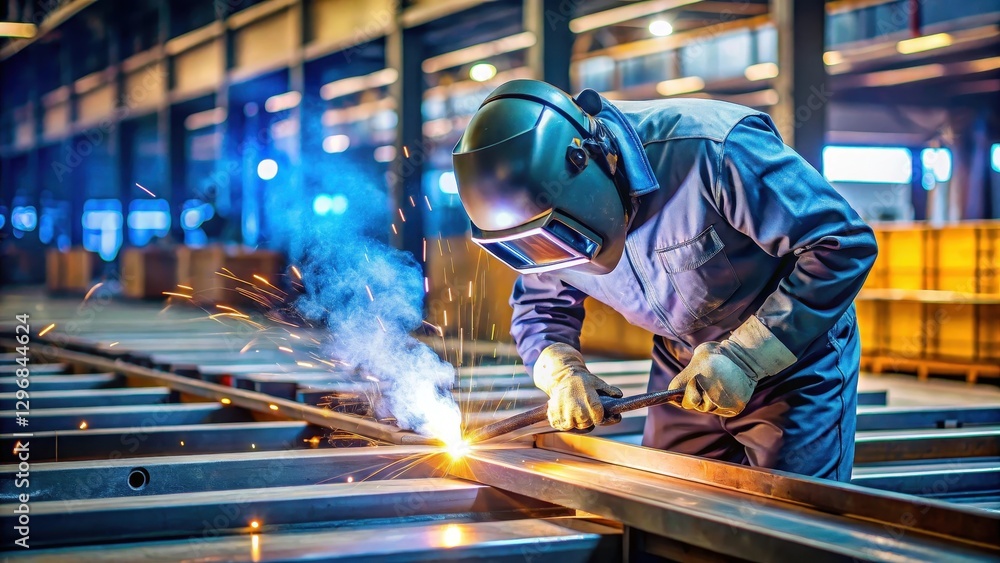 Welder performing submerged arc welding on steel plate at an industrial ...