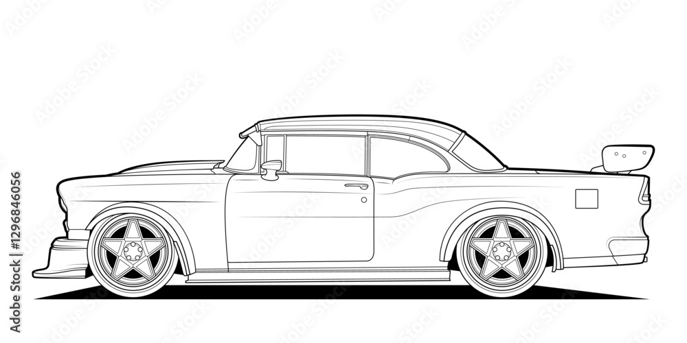 Black and white sports car, digital line drawing of a modified classic ...
