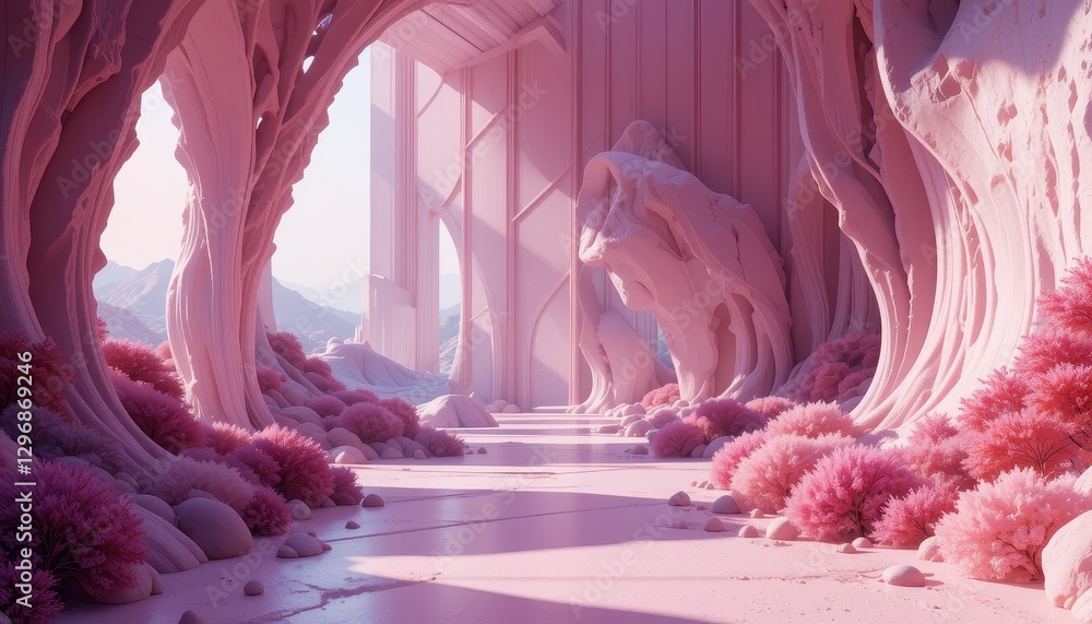 Surreal Pink Landscape Digital Art Dreamlike Architectural Structures ...