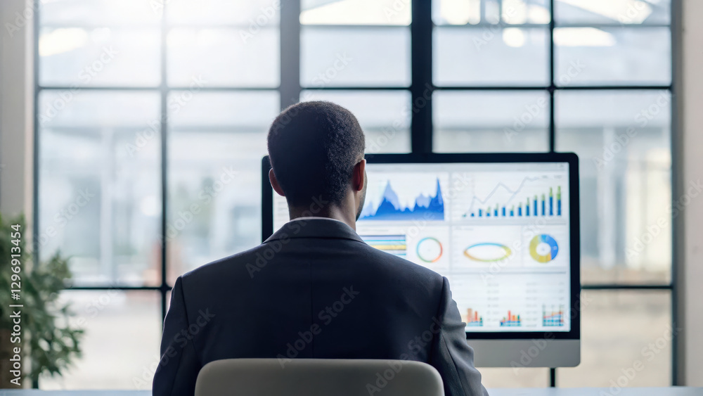 business professional analyzing live data streams on computer screen ...