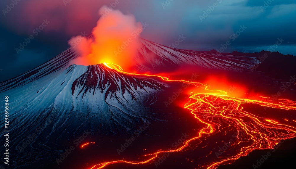 Majestic volcano eruption, glowing lava flows, dramatic nighttime scene ...