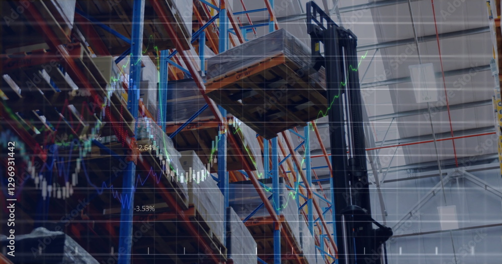 Forklift lifting pallets in warehouse with stock market data image over ...