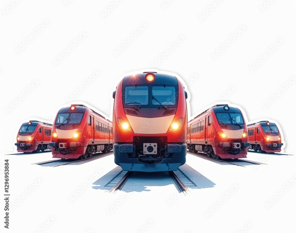 Four red modern trains are aligned on a railway track, viewed from the ...