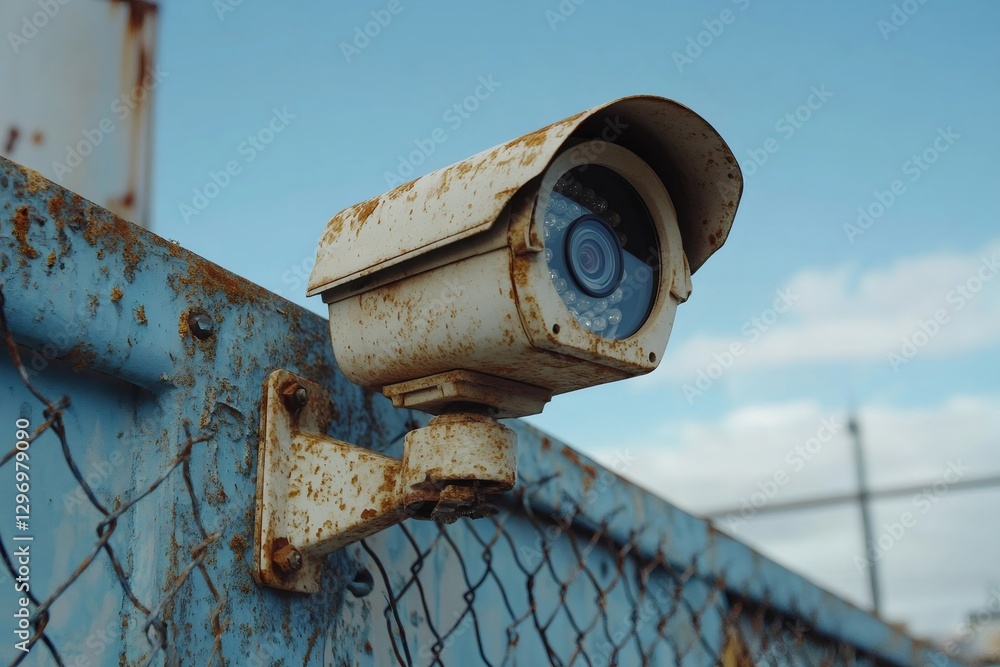 Rusty security camera monitoring a restricted area with wire mesh fence ...