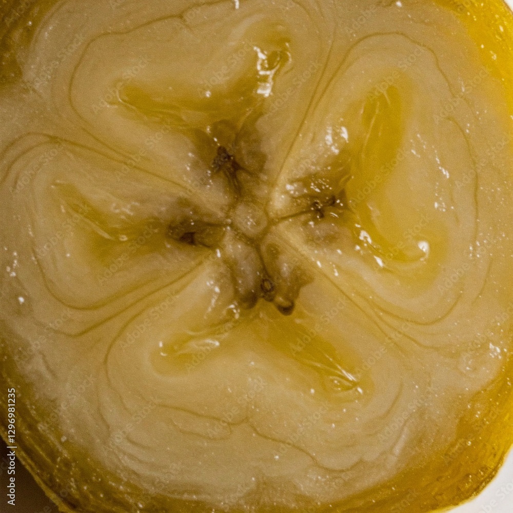 ripe banana sliced in half, revealing its inner structure with delicate ...