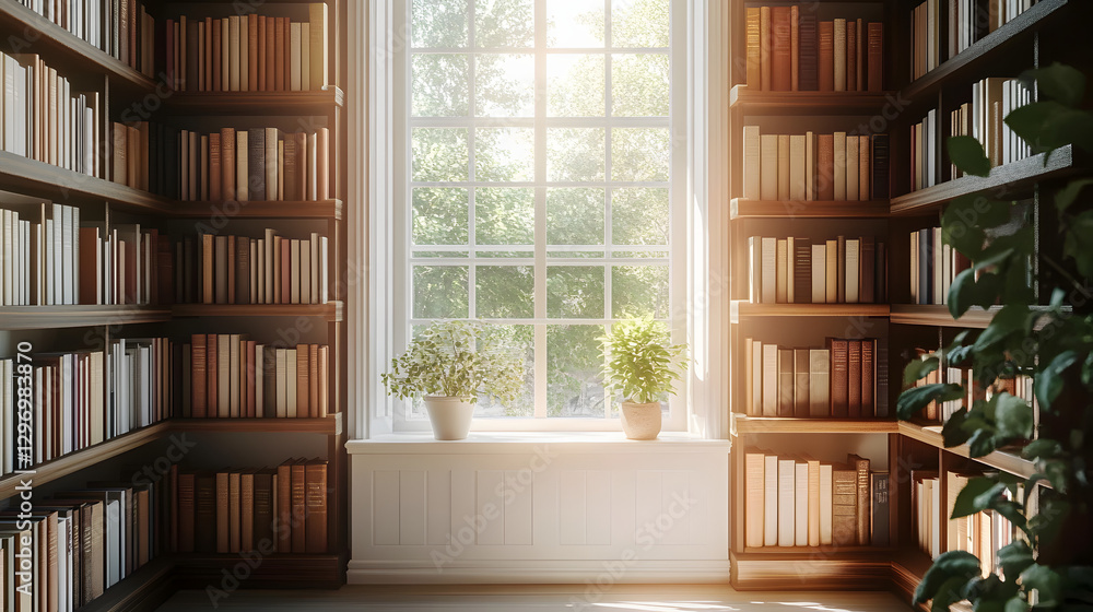 Sunlit Cozy Elegant Home Library with Window and Books: Empty Room ...