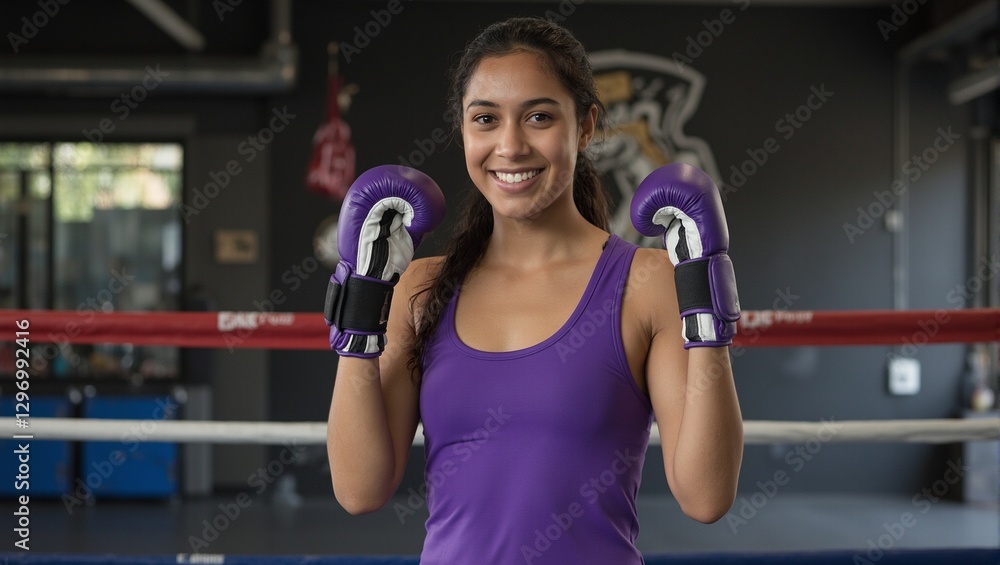 Confident South Asian female boxer in purple outfit with hand wraps ...