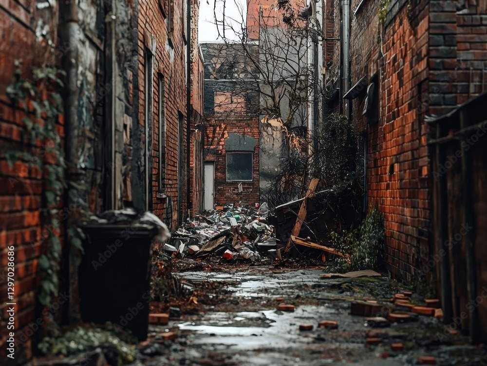 Derelict brick alley with broken pavement and overgrown vegetation ...
