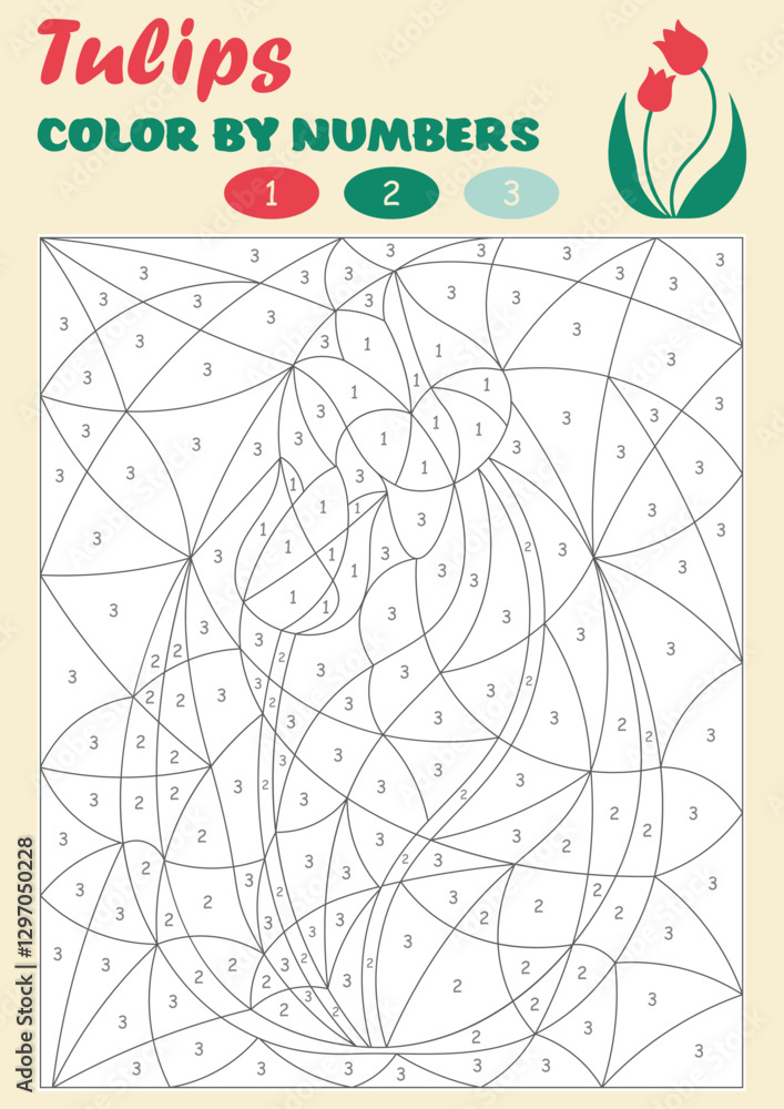 Paint color by numbers. Number coloring page. Spring educational game ...