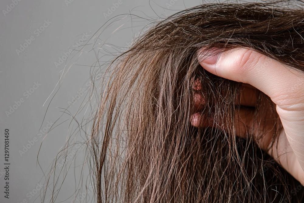 Close-up of a woman with long, dry, and frizzy hair, showing visible ...
