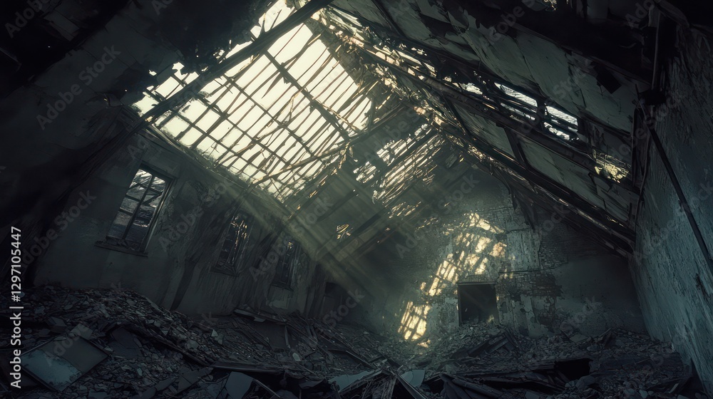 Decaying structure with sun rays entering through a damaged roof Stock ...