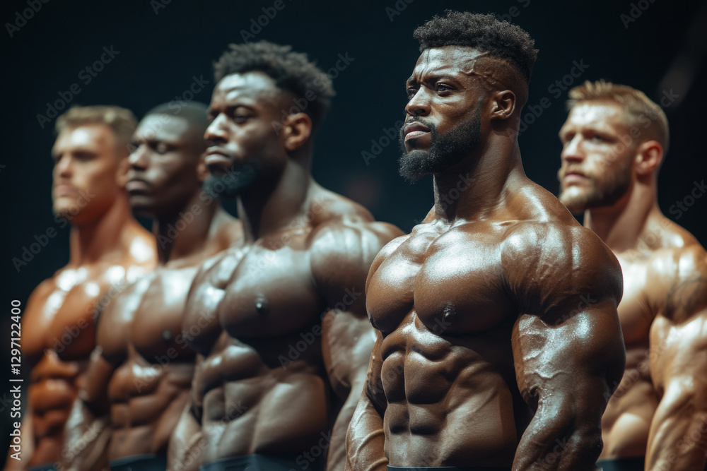 Group of bodybuilders flexing their muscles on stage during a ...