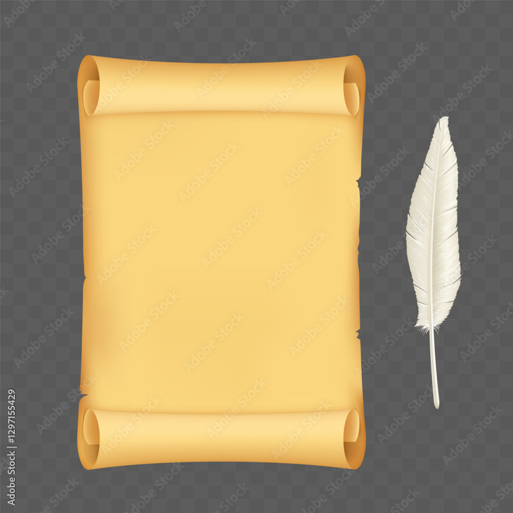 Vintage paper scroll with ink feather pen. Template isolated on ...