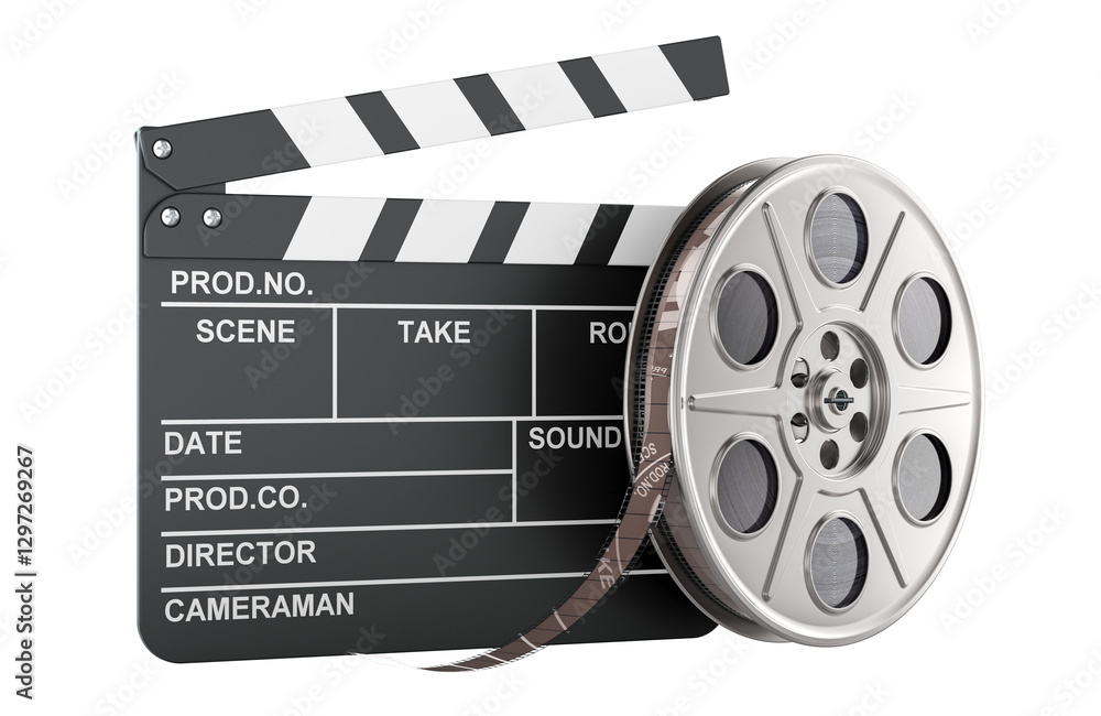 Clapperboard with film reel. Cinema concept. 3D rendering isolated on ...