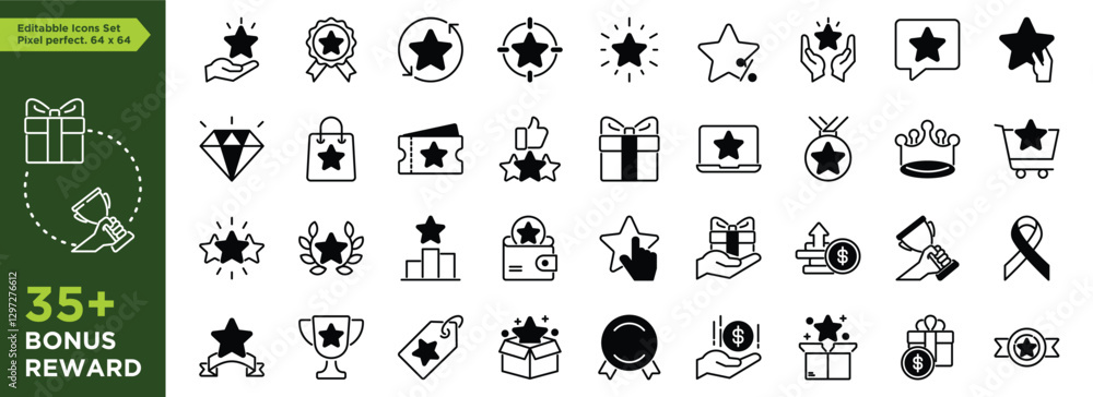 Editable set of bonus, benefits, offers and rewards stroke outline ...