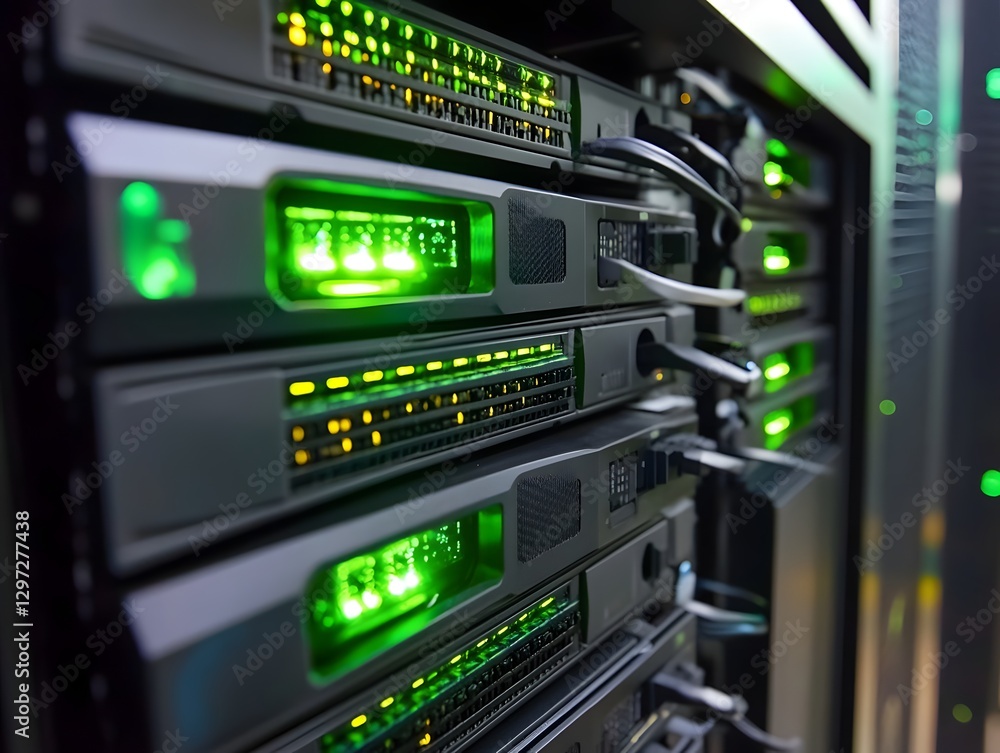 Data Center Hardware: A close-up shot showcasing a rack of servers ...