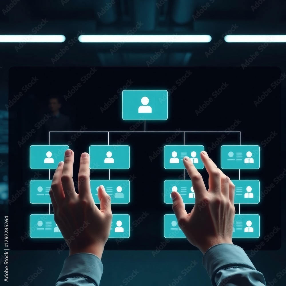 Stock-Foto „Interactive organizational chart on touch screen, hands ...