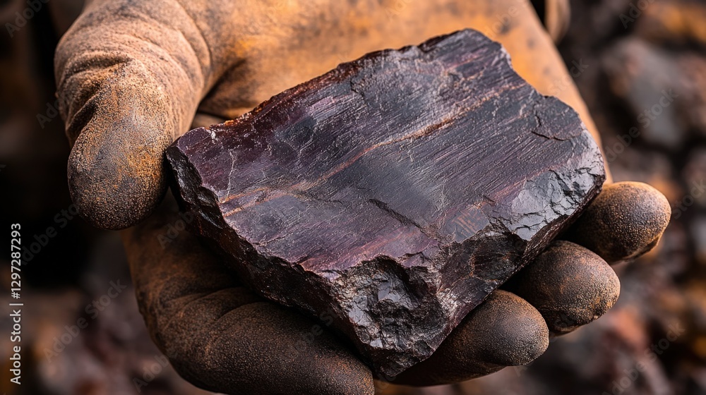 Rich dark manganese ore in miner's hand with deep purple streaks and ...