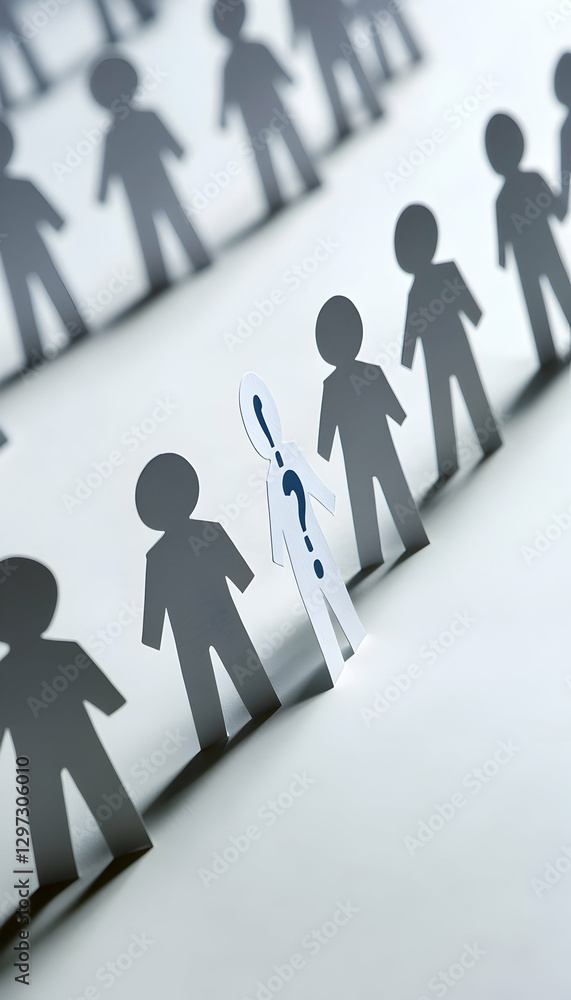 Conceptual image of paper people chain with question marks, indicating ...