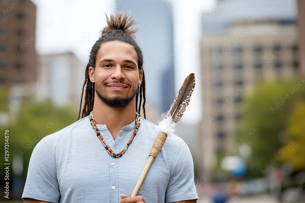 Cherokee man in traditional regalia stands proudly in the heart of a ...