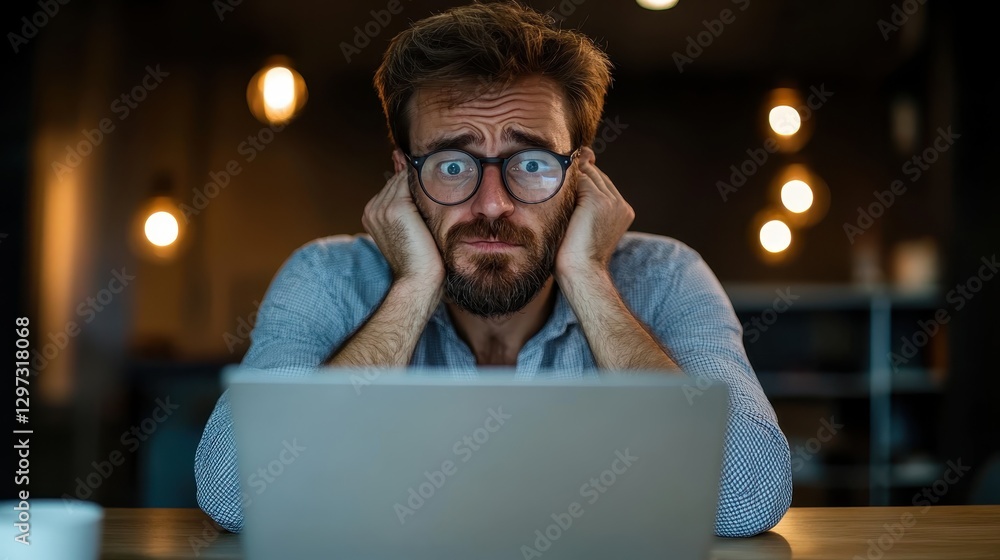 This image shows a stressed man with glasses holding his head in ...
