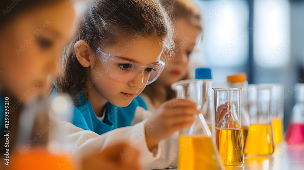 Young girl conducting science experiment in classroom, focused on ...