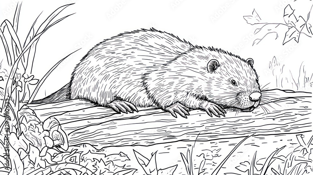 Black and white illustration of a young muskrat resting on a log ...