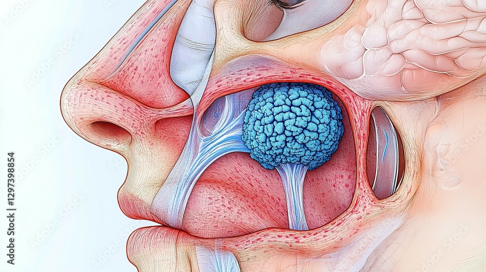 Medical illustration depicts nasal cavity anatomy with visible polyp ...