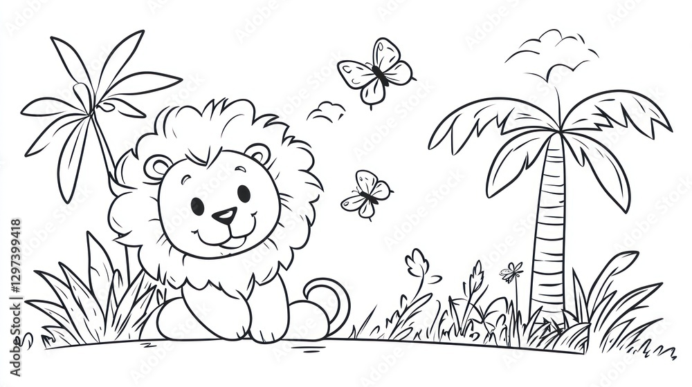 Cute lion in jungle, coloring page, kids illustration, background ...