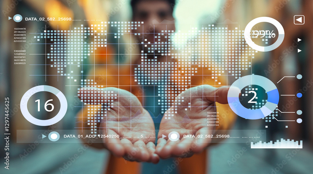 Hands Holding Digital World Map with Data Analysis and Statistics Overlays in Urban Setting for ...