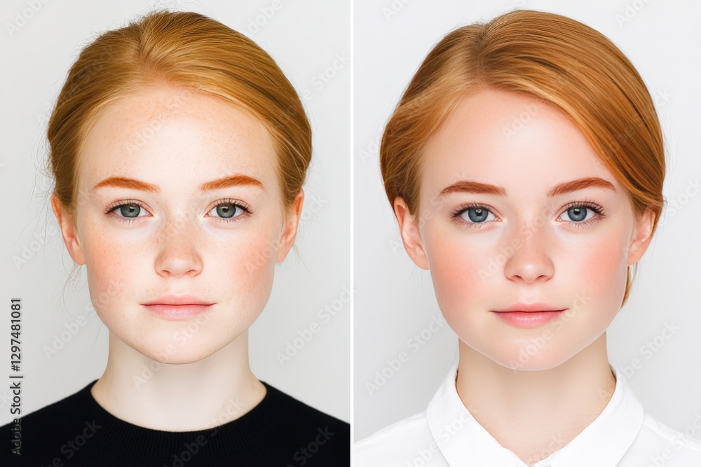 Symmetrical comparison of two identical red haired young women with ...