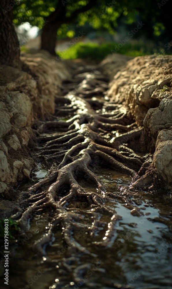 Tree roots in water channel, park, sunlight. Nature background, website ...