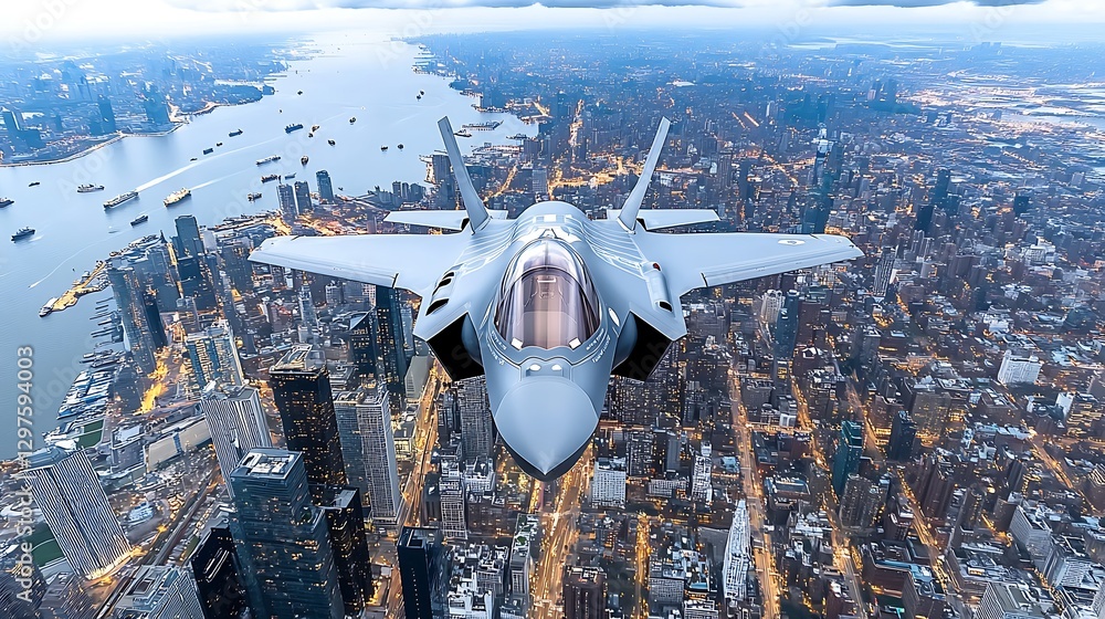 F 35 Lightning II Stealth Fighter Jet Flying Over Cityscape at Night Stock Illustration | Adobe ...