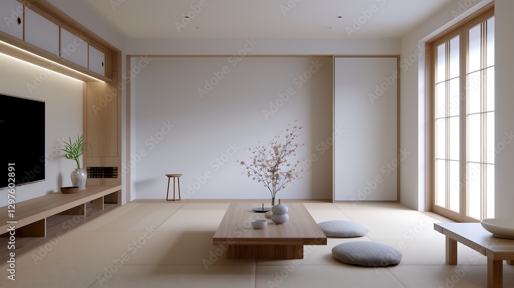 A traditional Japanese tatami room with sliding shoji doors, low wooden ...
