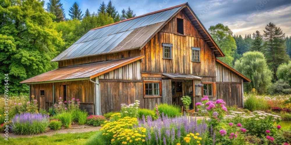 Rustic barn exterior with a blend of old and new elements, featuring a ...