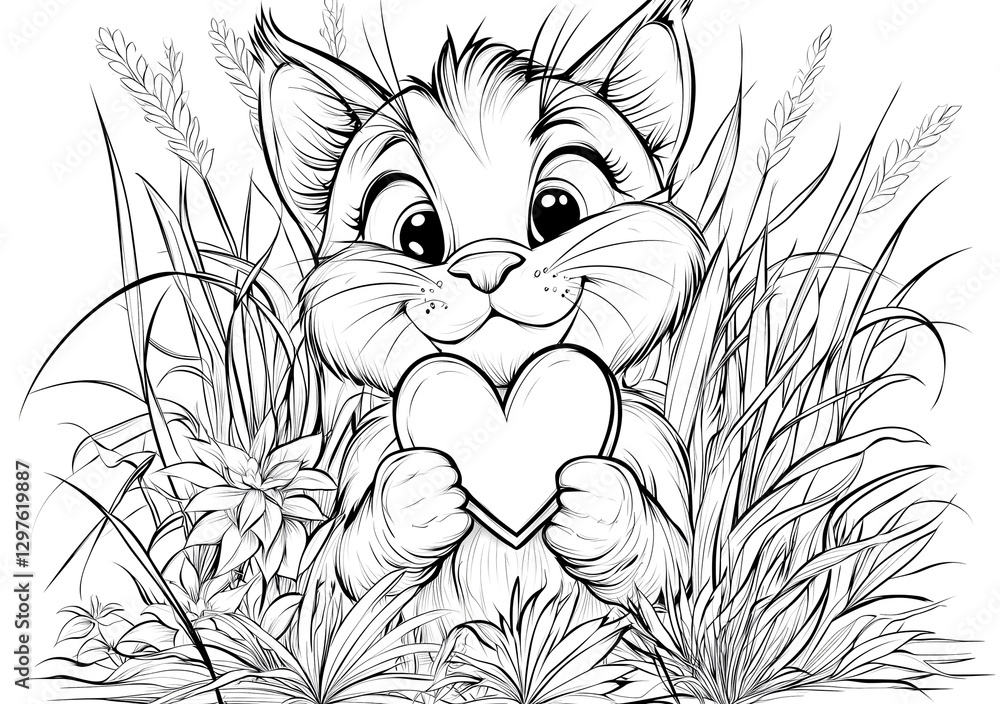 Cute kitten with heart-shaped eyes, holding flowers and looking at the ...