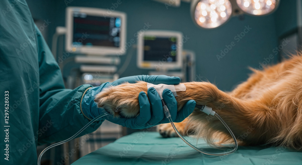 Close-up of veterinarian comforting unconscious labrador dog with ...