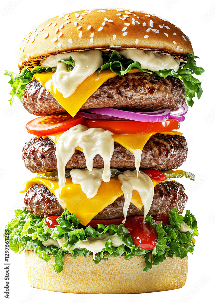 towering, mouthwatering triple cheeseburger with layers of juicy beef ...