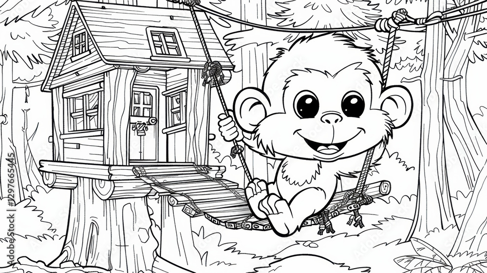 cute monkey swinging on rope in front of treehouse surrounded by trees ...