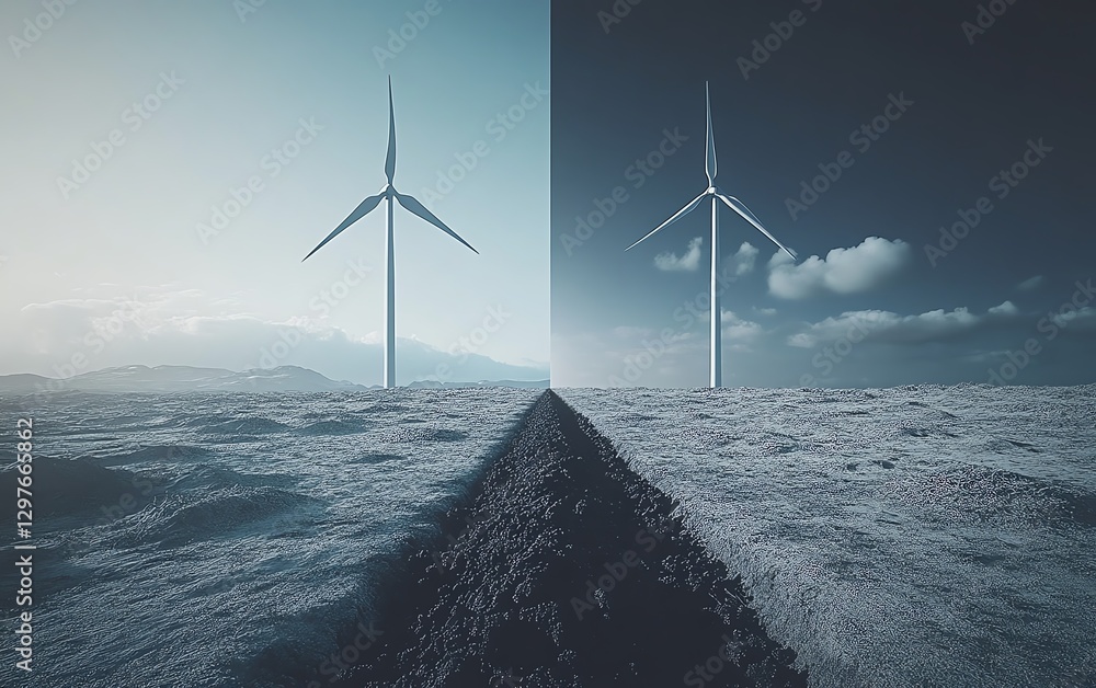 Coal power plant vs wind turbine, symbolizing fossil fuels vs renewable energy, high contrast ...