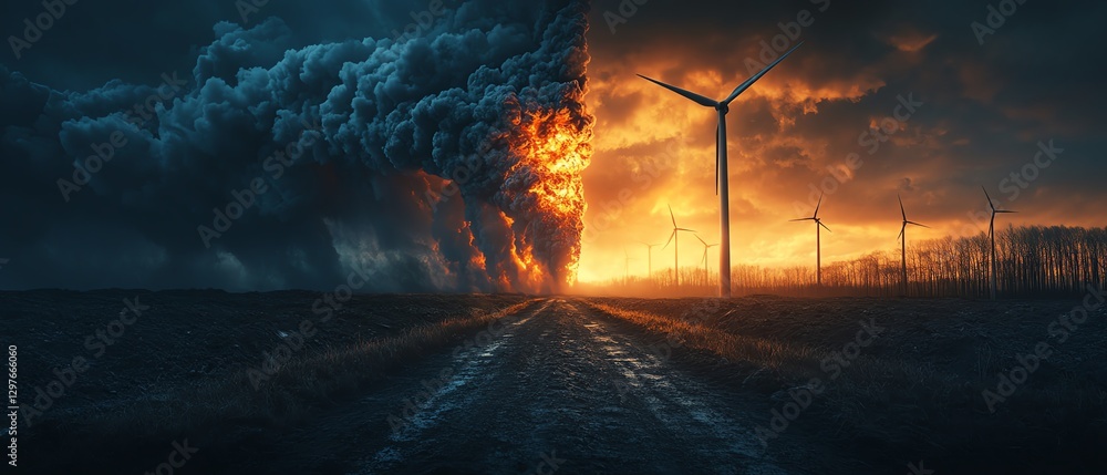 Coal vs wind turbine, symbolizing the conflict between fossil fuels and ...