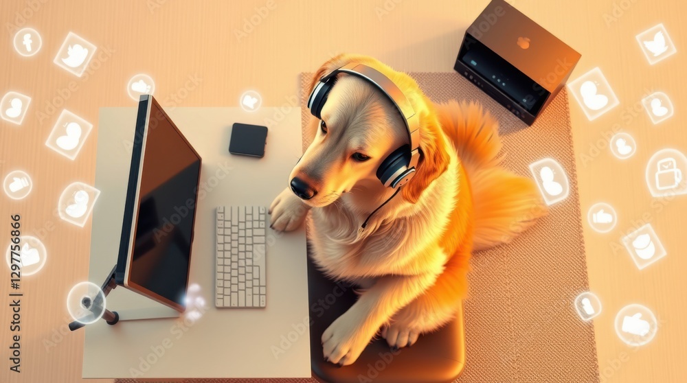 Foto de Stock Golden retriever wearing headphones at a desk with a ...